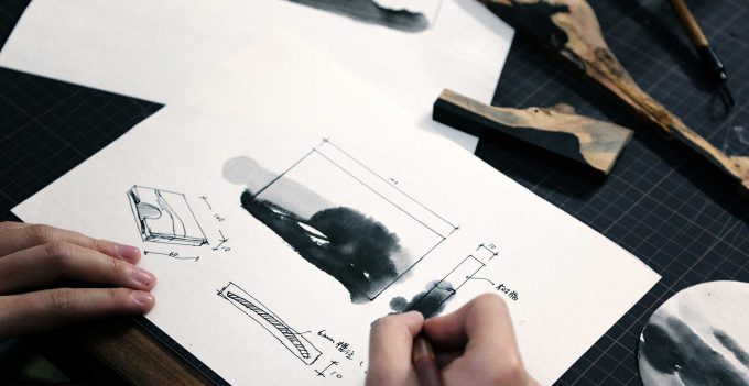 The irregular piece of ebony scrap balanced with lightly inked resin ...